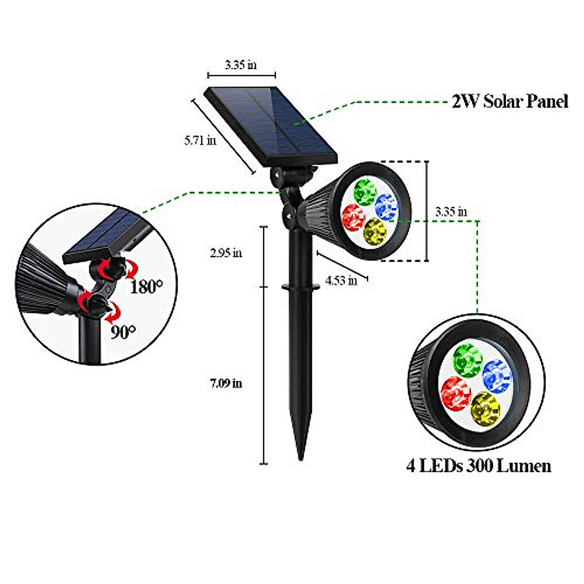 F-TECK Solar Spotlights, 2-in-1 Colored Adjustable 4 LED Wall/Ground Landscape Solar Lights with Automatic On/Off Sensor Dusk to Dawn, 2 Pack