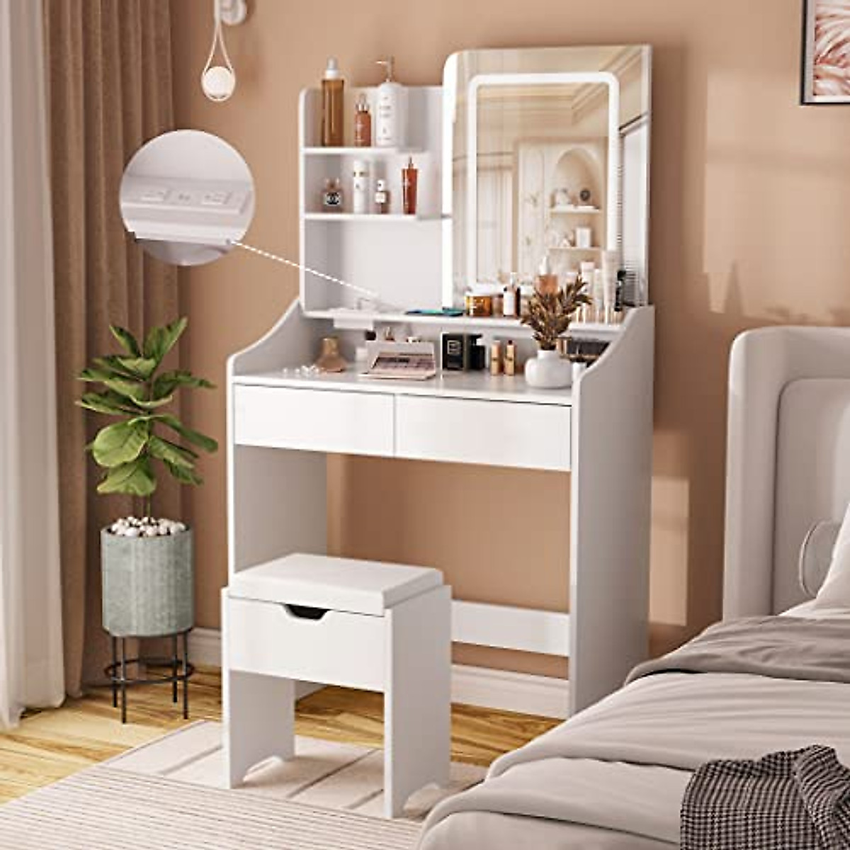 Vabches Vanity Desk with LED Light Mirror and Charging Station, Small Cute Vanity Set with 4 Storage Shelves 2 Drawers, Vanity for Girls Women with Storage Stool, Vanity Table for Bedroom (White)