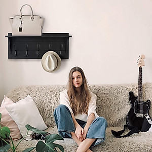 Wall Mounted Coat Rack Shelf, Rustic Wooden Country Style 24" Entryway Shelf with 5 Rustic Hooks featuring Solid Pine Wood. Perfect touch for your Entryway, Mudroom, Kitchen, Bathroom and More, Black