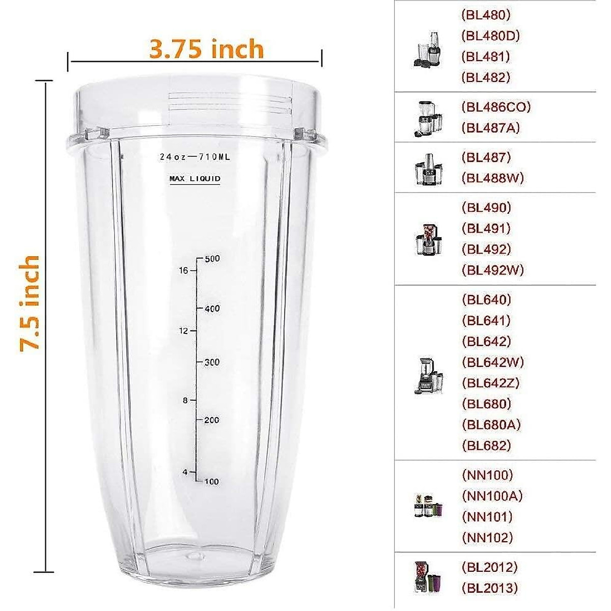 Weierken 24oz Cups Compatible with Nutri Ninja Auto IQ Series Blender, Pro Replacement Parts with 2 Type Lids, 7 Fins Extractor Blade, Compatible for BL450-30, BL456-30, BL481-30,BL487, NN100 etc