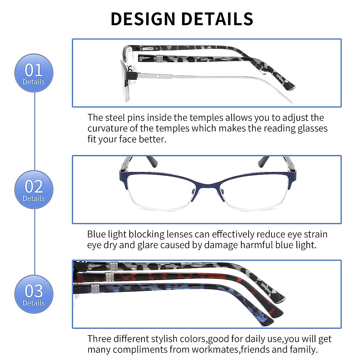 CRGATV 3-Pack Reading Glasses for Women Blue Light Blocking Metal Half Frame Computer Readers Anti UV/Eye Strain/Glare (+1.5 Magnification Strength)