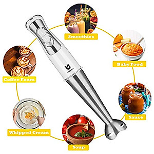 Immersion Hand Blender, UTALENT 3-in-1 8-Speed Stick Blender with Milk Frother, Egg Whisk for Smoothies, Coffee Milk Foam, Puree Baby Food, Sauces and Soups - White