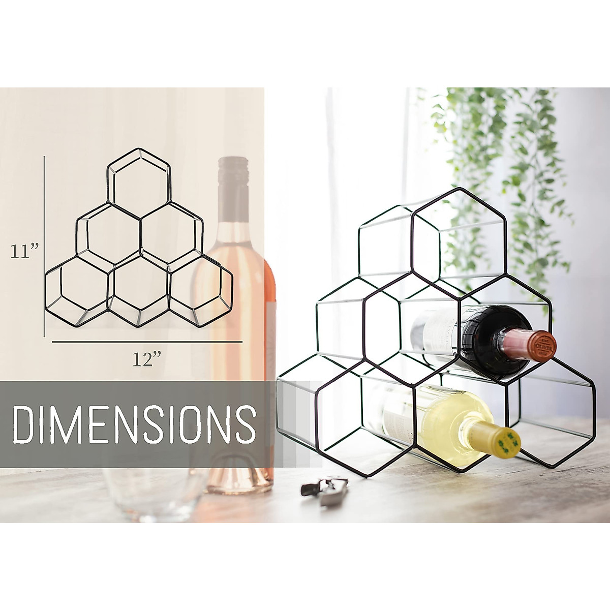 NAT & Jules Honeycomb Black Iron Metal Tabletop Wine Rack - Perfect for Kitchen Countertop, Pantry or Cabinets Display or Storage - Hold 6 Bottles, Black