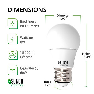 Sunco 10 Pack A15 LED Ceiling Fan Candelabra Light Bulbs E26 Medium Base CRI92 4000K Cool White 8W Equivalent 60W, 800 Lumens, Dimmable Waterproof Super Bright Appliance Indoor Outdoor UL