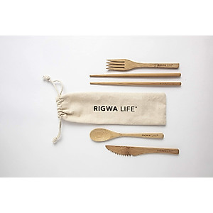 RIGWA LIFE | Custom Bamboo Cutlery | Reusable & Eco-Friendly Travel Utensils | Wooden Utensils for eating | Includes reusable Chopsticks, Spoon, Fork, Knife and Canvas Bag |