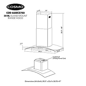 COSMO 668ICS750 30 in. Island Mount Range Hood with 380 CFM, Soft Touch Controls, Permanent Filters, LED Lights, Tempered Glass Visor in Stainless Steel