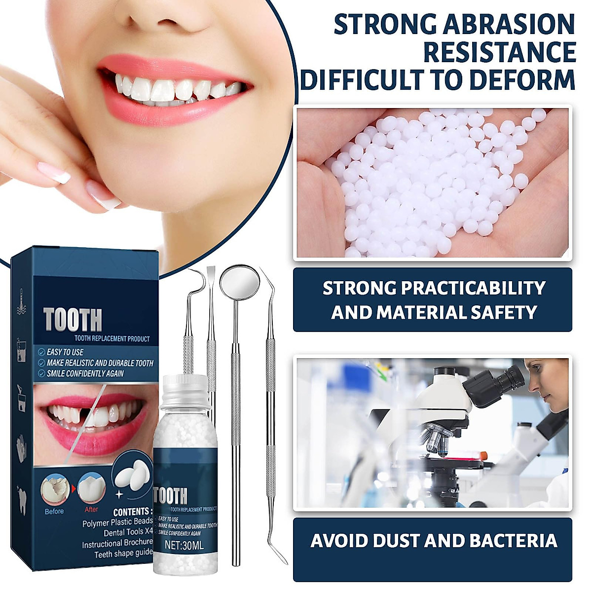 Tooth Repair Kit,4Pcs Dental Tools,1Pcs 30ml Dental Repair Denture Repair Beads,Tooth Repair Granules Tools Set for Temporary Fixing Filling Missing Broken Tooth Moldable Fake Teeth(5Pack)