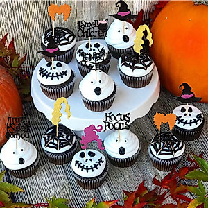 32 PCS Hocus Pocus Cupcake Toppers Glitter Witch Hair Hat I Put A Spell on You I Smell Children Halloween Cupcake Picks for Halloween Hocus Pocus Theme Birthday Party Cake Decorations