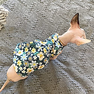 Hairless Cat Clothes - Breathable Summer Cotton Sundress with Sunflower Print Suspender Skirt Elegant Romantic Girly Vest Soft Princess Dress for Sphynx, Cornish Rex, Devon Rex, Peterbald (XS)