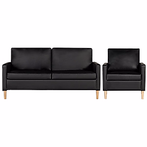 AILEEKISS Mid-Century Sectional Sofa Sets 2 Pieces Faux Leather Loveseat Couches with 2 USB Living Room Furniture Accent Arm Chairs for Small Space, Apartment, Office (Black, 1-Seater+3-Seater)