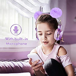 Kids Headphones, Purple POM POM Bear Ear 2020 Upgraded w/Adjustable Headband, Over On Ear Headset w/Mic for Girls/Teens/School/Kindle/Tablet/PC (Wired)