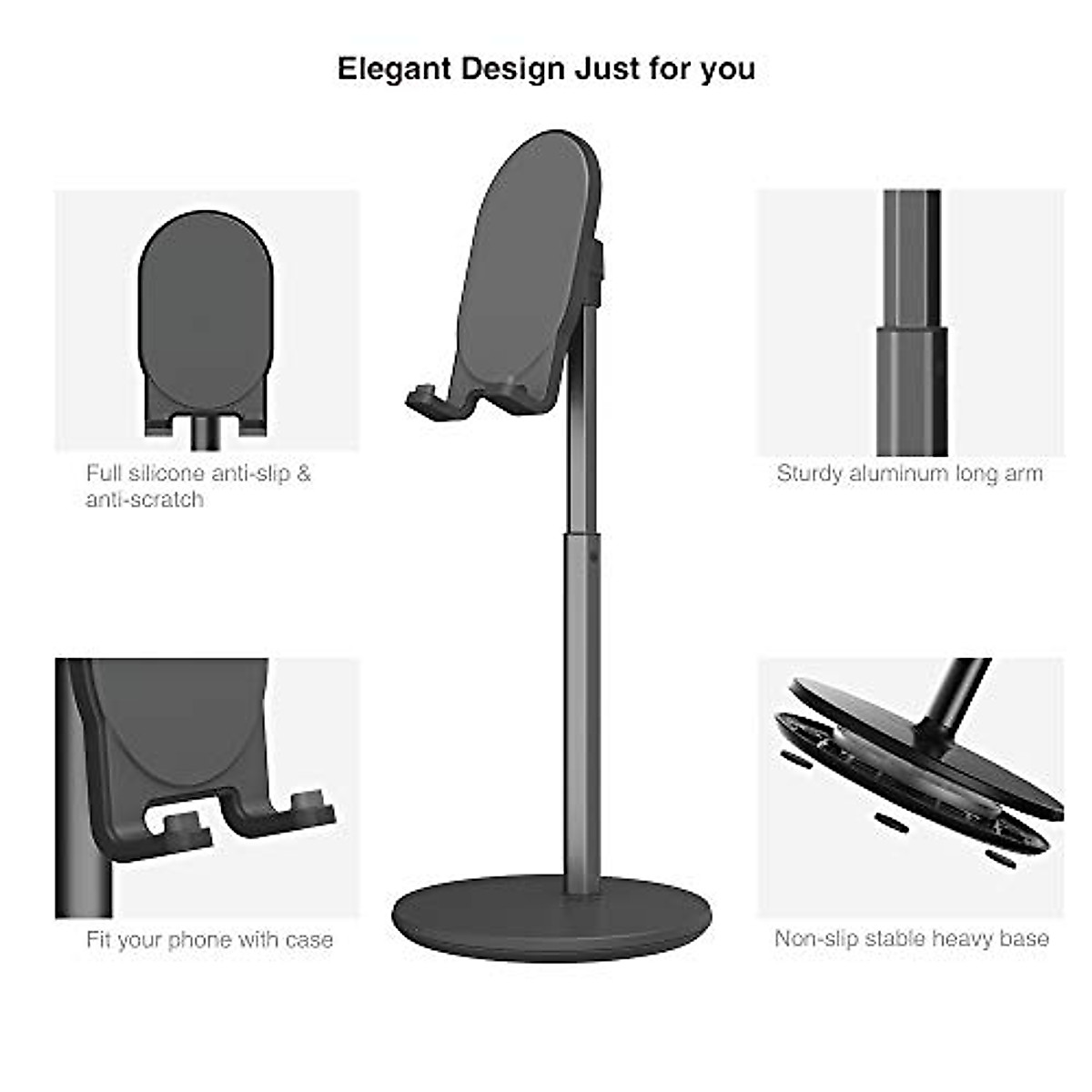 Bright Stone Cell Phone Stand, Angle Height Adjustable Tablet Stand Phone Holder for Desk (4"-10") Black