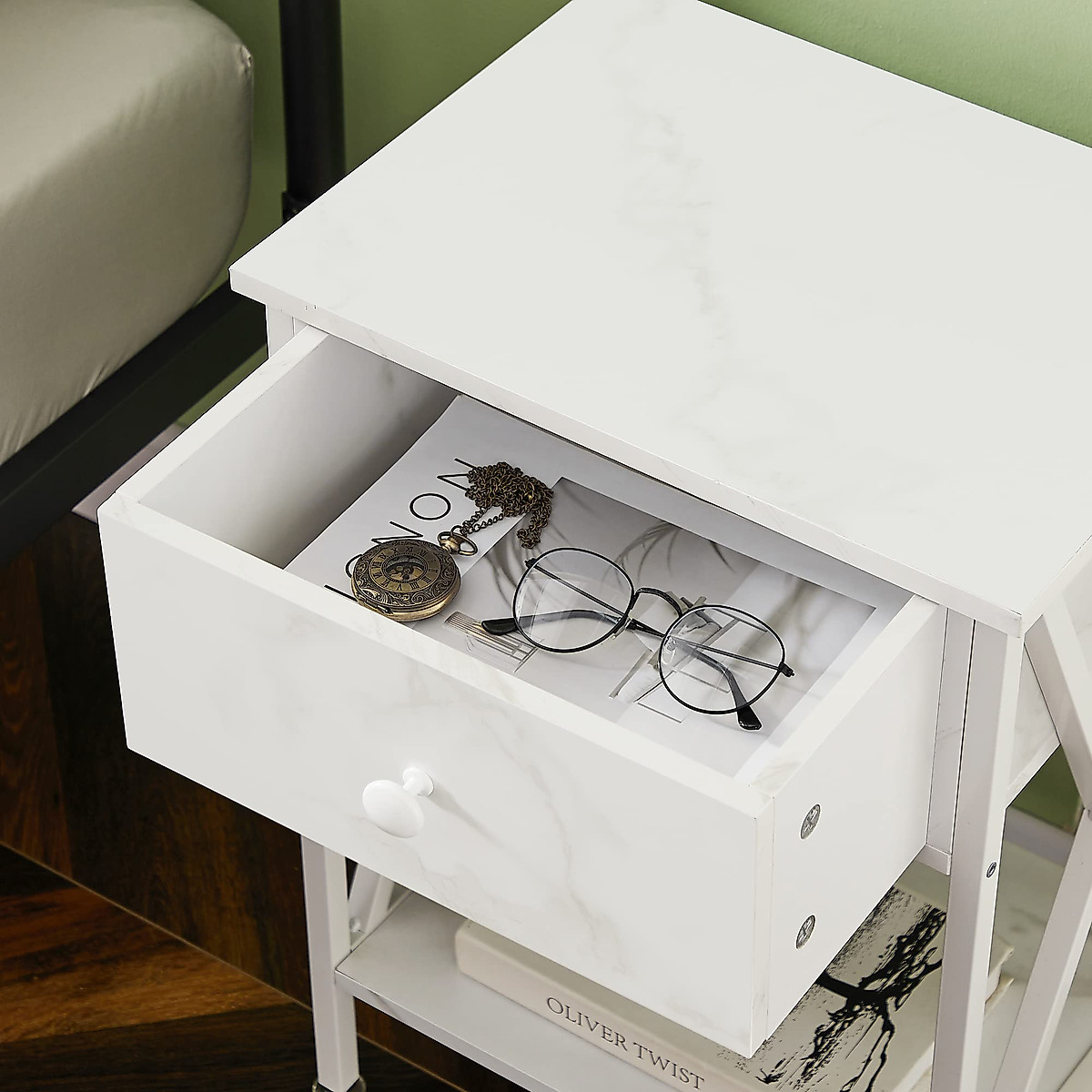 VECELO End Tables, Modern Nightstand with Drawer & Shelf, Night Stand for Bedroom Living Room,Industrial Metal Frame