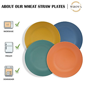 Wrova Wheat Straw Dinner Plates 10 Inch Unbreakable Set of 8 - Dishwasher & Microwave Safe Plastic Plates Reusable - Lightweight Plates for kitchen,camping,salad,appetizer - Colorful