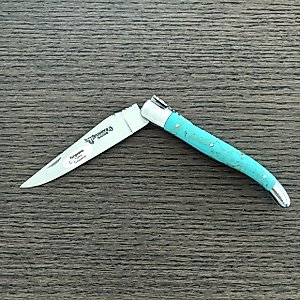 Laguiole en Aubrac Handmade Luxury Folding Pocket Knife, 4.8-in (12cm). Genuine Turquoise Handle, Hand Forged Bee, Stainless Steel Shiny Bolsters