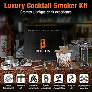 BHETHA-Cocktail Smoker Kit with Torch, 4 tasty Wood Chips Flavors (Apple, Walnut, Cherry, Oak) for Bourbon & Whiskey- Bar accessories for old fashion cocktails. Gifts for Men, Husband, Dad (No Butane)