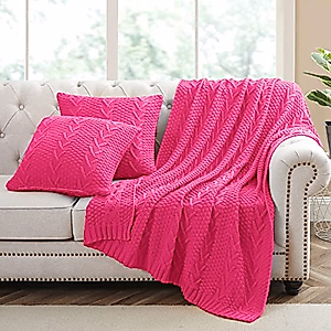 Aormenzy Knitted (50" x 60") and 2 Pillow Covers (18" x 18"), 3 Piece Hot Pink throw blanket Set, Decorative throw blankets for Couch Sofa Bed Living Room