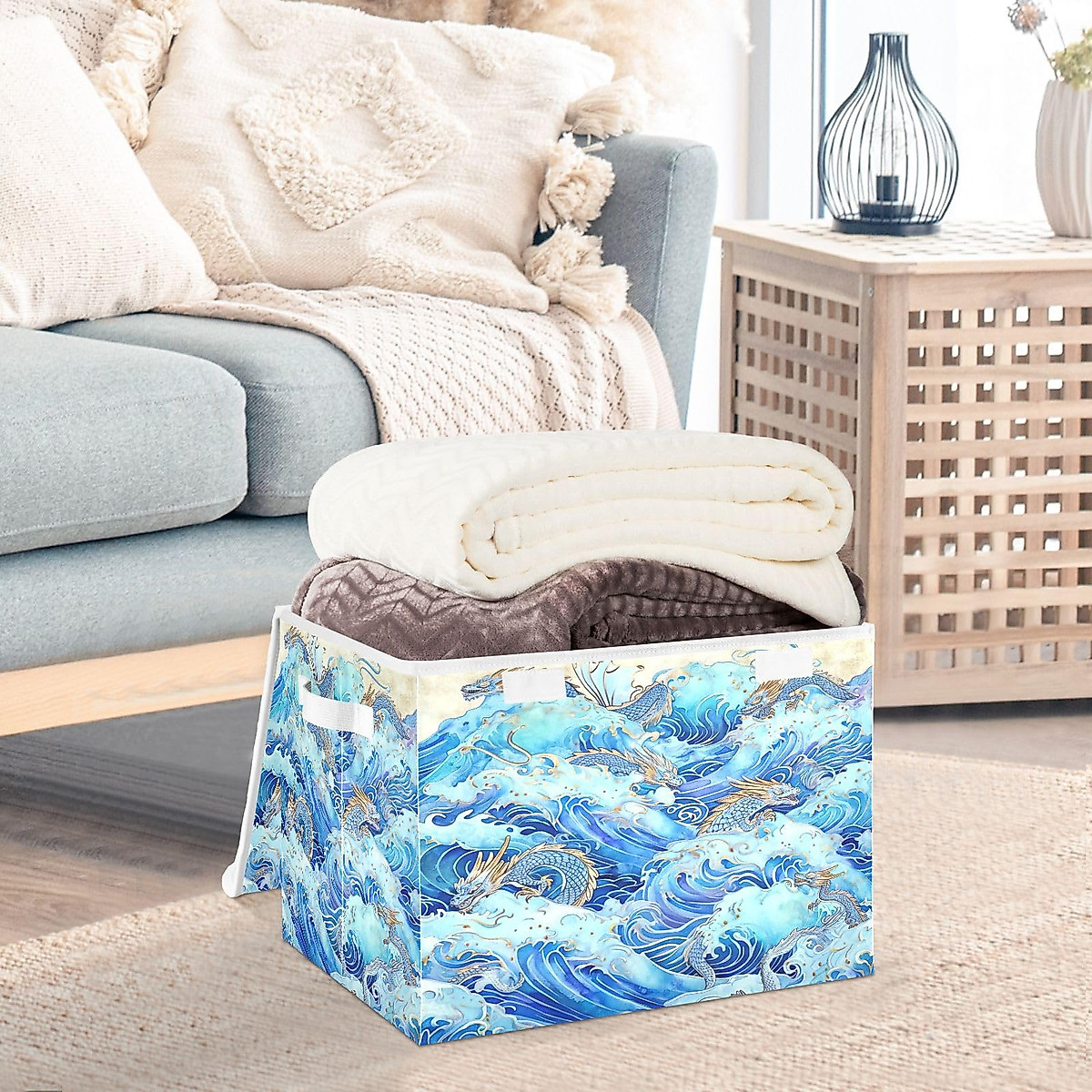 YETTASBIN Chinese Dragon Storage Basket with Lid and Handles, Large Collapsible Fabric Storage Bins Sturdy Storage Organizer for Shelves, Closet, Bedroom, School, Office, Home Decor