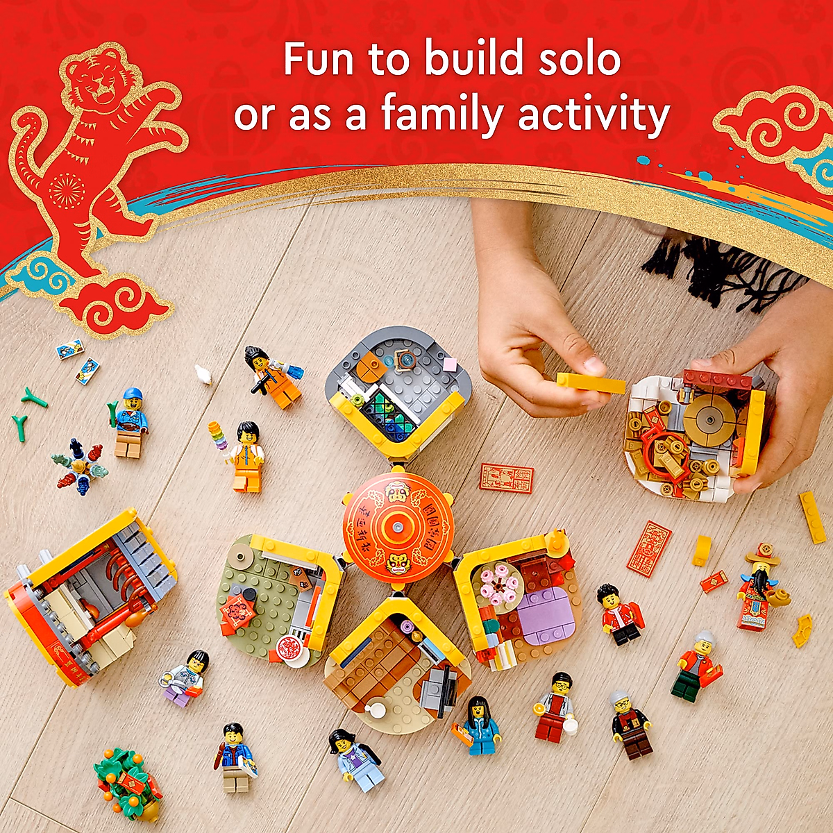 LEGO Lunar New Year Traditions 80108 Building Kit; Gift Toy for Kids Aged 8 and Up; Building Set Featuring 6 Festive Scenes and 12 Minifigures, Including The God of Wealth (1,066 Pieces)