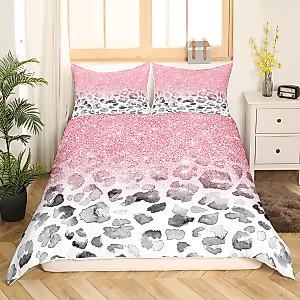 Leopard Print Duvet Cover Set Twin Size,Kids Girls Woman Feminine Room Decor,Pink Glitter Starry Romantic Comforter Cover,Cheetah Skin Abstract Bedding Set,Fashion Glamorous Quilt Cover,1 Pillowcase