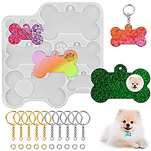 6 PCS Pet Tag Resin Molds, AFUNTA Dog Bone Shaped Tag Silicone Molds Photo Memorial Resin Molds Silicone with 10 Key Rings, for DIY Keychain Pet Tag Pendant Craft