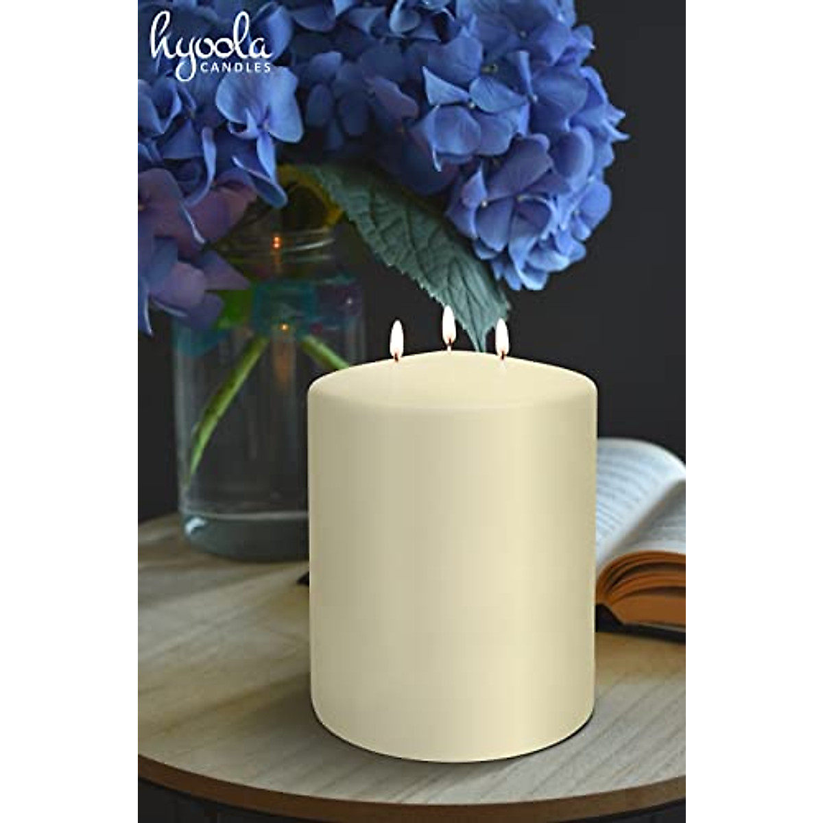 HYOOLA Ivory Three Wick Large Candle - 6 x 8 Inch - Unscented Big Pillar Candles - 188 Hour - European Made