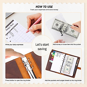 Leather Binder Budget with Cash Envelopes, Handmade Leather A6 Binder for Money Saving Planner, Cash Envelopes for Budgeting, Money Organizer for Cash - Brown