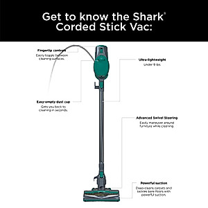Shark CS110 Ultra Lightweight Corded Stick Vacuum with Easy Empty Cup, Fingertip Controls, Powerful Suction and Advanced Swivel Steering Over Hardwood Or Carpet (Renewed) (Emerald)