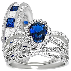 LaRaso & Co His Hers Sterling Blue Sapphire CZ Bridal Wedding Band Engagement Ring Set Him Her