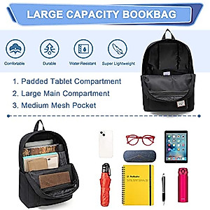 Kasqo Lightweight School Backpack, Large Capacity Water-Resistant Casual College Bookbag for Men Women Teen Girls Boys, Black