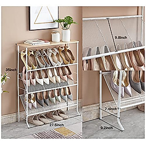 Nevfiro 4-Tier Shoe Rack Storage Organizer, Narrow Shoe Rack Shelves with 3 Metal Mesh for Bedroom Closet, Entryway, Hallway, Wire Grid, Shoe Shelf with Wood Top Board, 10-12 Pairs