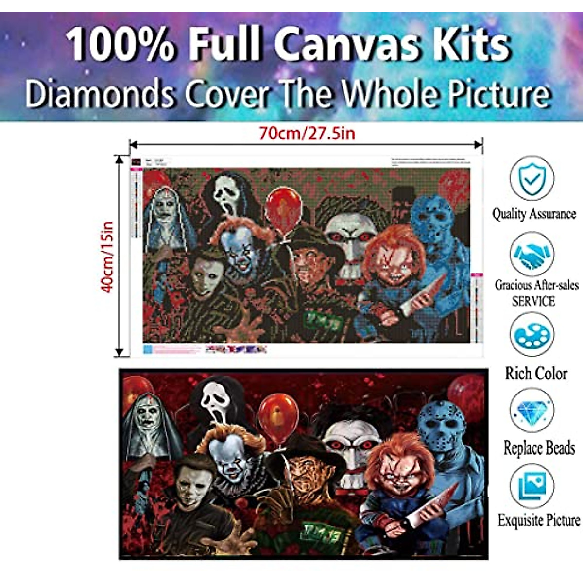 KYOQFVN Halloween Diamond Painting Kits for Adults,5D Full Round Diamond Halloween Clown Diamond Art Kit, Large Dots Diamond Painting for Beginners, DIY Beads for Home Wall Decor, 27.5" x 15"