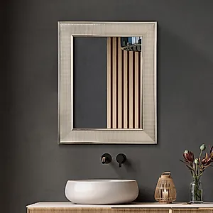 Head West Brushed Nickel Pave Textured Beveled Framed Vanity Mirror, Accent Decorative Mirrors for Wall Decor, Modern Bathroom Mirrors for Over Sink, Bedroom, Entryway, Living Room, Hallway 25"x31"