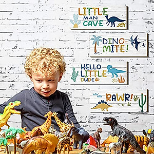 4 Pcs Dinosaur Room Bedroom Decor Boys Dinosaur Wall Decor, Motivational Quote Wood Dinosaur Decorations Hanging Sign Prints Plaques for Boy Kids Nursery Playroom (Simple Style)