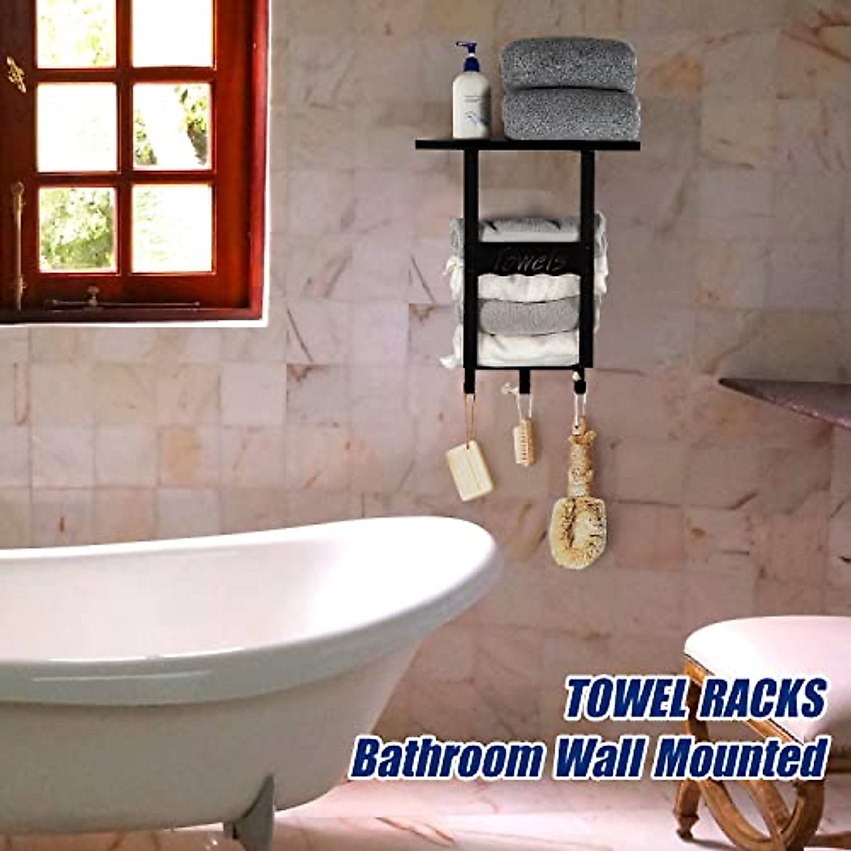 Lzziib Metal Towel Holder for Bathroom Wall with 3 Hooks and Wooden Shelf - Matte Black Towel Racks for Bathroom, Bathroom Shelf with Towel Hooks - Towel Storage for Bathroom Wall Decor