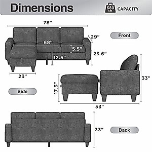 Sunrise Coast Sectional Sofa Couch L-Shaped Sofa Modern Linen Fabric 3-Seat Couch with Convertible Storage Ottoman Grey Living Room Furniture Set for Apartment Loft Small Spaces