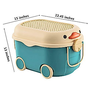 Shozafia Stackable Toy Storage Box with Wheels, Duck Rolling Storage Box with Snap Lid, Handle & Latches (Blue,Large)