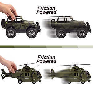JOYIN 2 Pack Friction Powered Realistic Military Vehicle Car Set Including Convertible Military Truck, Helicopter, Army Men Action Figures and Accessories, Lights and Sounds Sirens