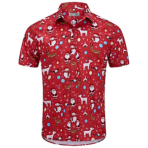GRTXIN Christmas Shirts for Men Hawaiian Santa Claus Vacation Shirt Short Sleeve Button Down Dress Shirts（Red-M）