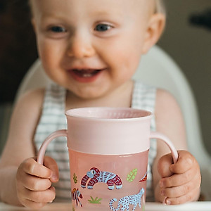 Dr. Brown's Milestones Cheers 360 Cup Spoutless Transition Cup with Handles for Easy Grip and Leak-Free Learning, Pink Safari, 7 oz/200 mL