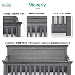 Evolur Waverly 5-in-1 Full Panel Convertible Crib in Rustic Grey, Greenguard Gold Certified , 58.75x31.25x46.5 Inch (Pack of 1)