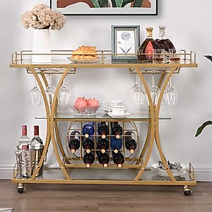 HOMYSHOPY Bar Serving Cart with Glass Holder and Wine Rack, 3-Tier Kitchen Trolley Tempered Shelves Gold-Finished Metal Frame, Mobile for Home (Gold)