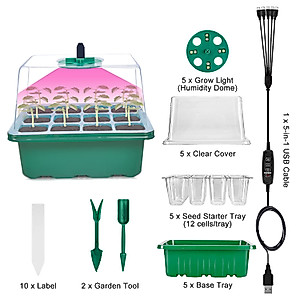 Giixer 5 Packs Seed Starter Kit with LED Grow Light - 60 Cells Seed Starting Tray, Humidity Dome for Seed Growing Germinating, Indoor Garden Seedling Starting, Cutting Clone & Plant Propagation Kit