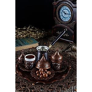 DEMMEX 2023 Turkish Greek Arabic Coffee Full Set with Cups Saucers Lids Sugar Bowl Tray and Copper Coffee Pot, 12 Pcs