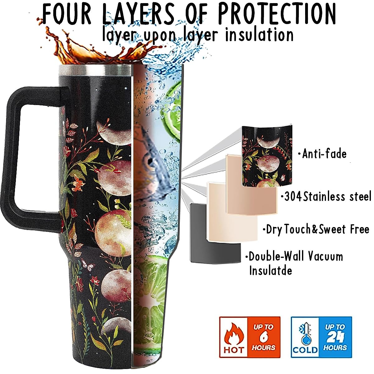 Rcvlauf 40 oz Tumbler with Handle and Straw Goth Tumbler Leak Proof Insulated Cup 40 oz Gothic Flower Moon Coffee Travel Mug Witchy Decor Stuff Goth Gifts for Women