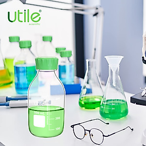 Utile Media Bottle, 3.3 Borosilicate Glass Bottles with GL45 Screw Caps, 4pcs of 500ml(16.9oz) Lab Media Bottles, PP Material Media Storage Bottle, 4038.0500.4