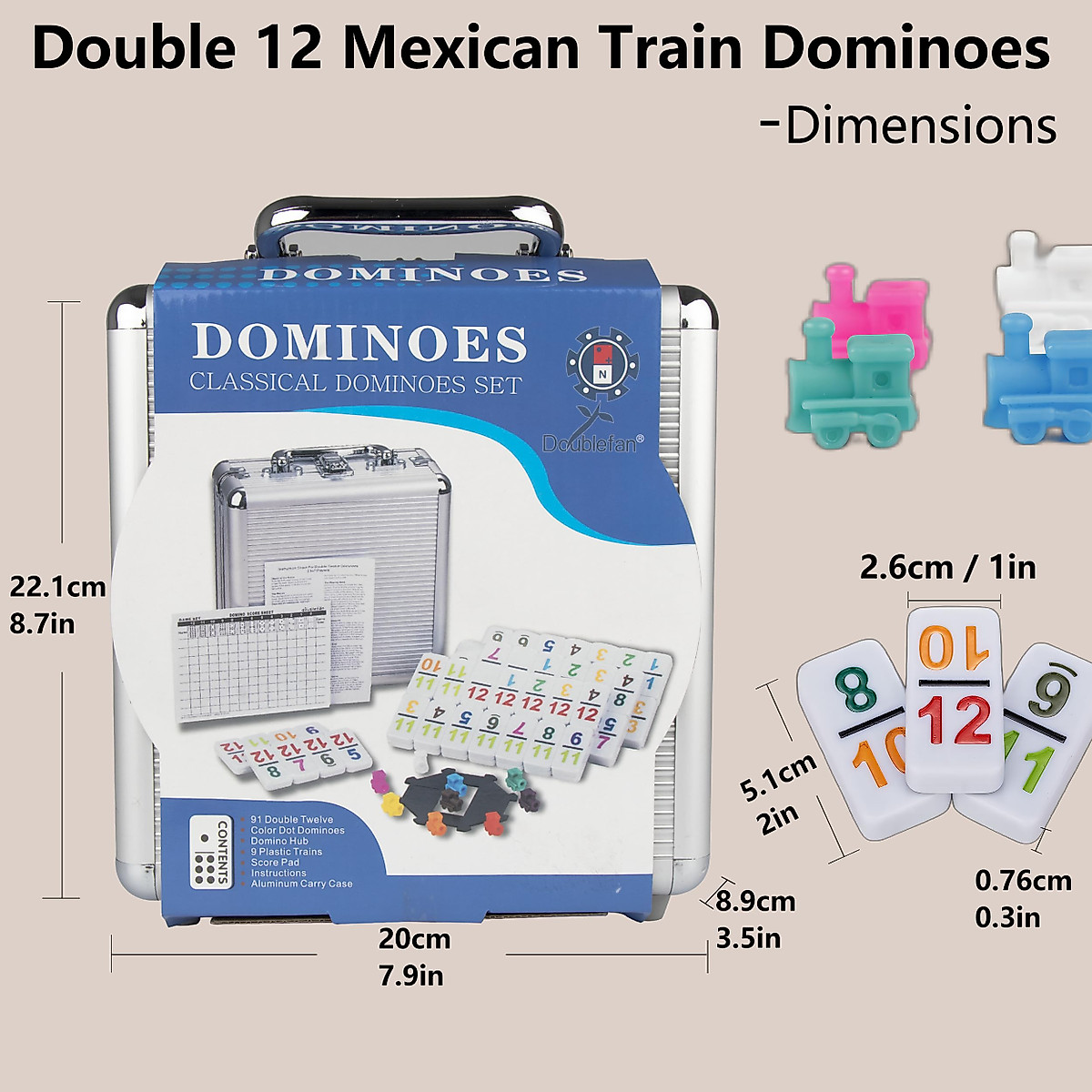 Doublefan Mexican Train Dominoes with Color Numbers,Double 12 Numerical Domino Game, Chicken Foot Dominoes Set with Aluminum Case, 91 Tiles Dominoï¼ˆ2-10 Player