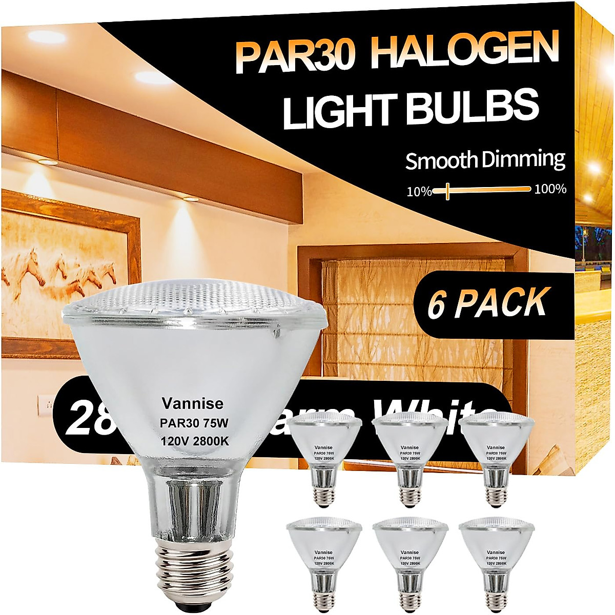 Vannise PAR30 Halogen Bulb 75W 120V, 6 Pack High Output 1000LM PAR30 Long Neck Halogen 75W with Warm White 2800K, PAR30 Dimmable, Long Lasting PAR30 Flood Light Bulb with E26 Medium Base