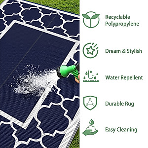 GENIMO 5' x 8' Outdoor Rug Waterproof for Patio Decor, Foldable Reversible Plastic Straw Area Rugs Mat for Camper, Outside Carpet for Rv, Deck, Porch, Picnic, Beach, Balcony, Blue & White