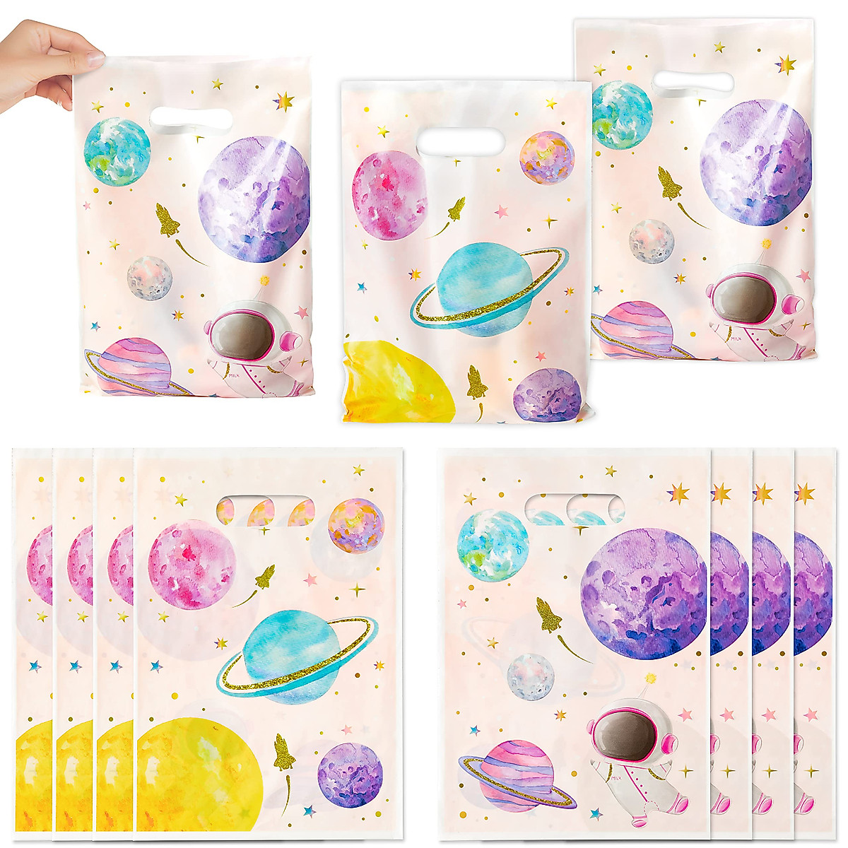 ANGOLIO Pink Outer Space Party Bags - 50Pcs Back to School Candy Treat Bags Outer Space Planets Solar System Theme Party Favors Decor Snack Bags Summer Supplies for Kids Birthday Party Baby Shower